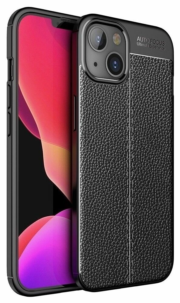 Чехол на iPhone 14 Plus силиконовый под кожу черный противоударный