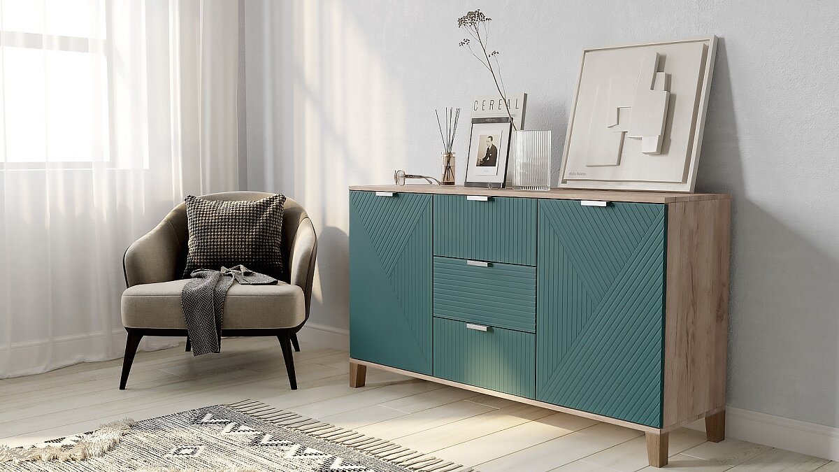 Комод МебельЛэнд24 Марвин Йорк - 4 Аквамарин 140x40x80 синий двухдверный с 3 ящиками