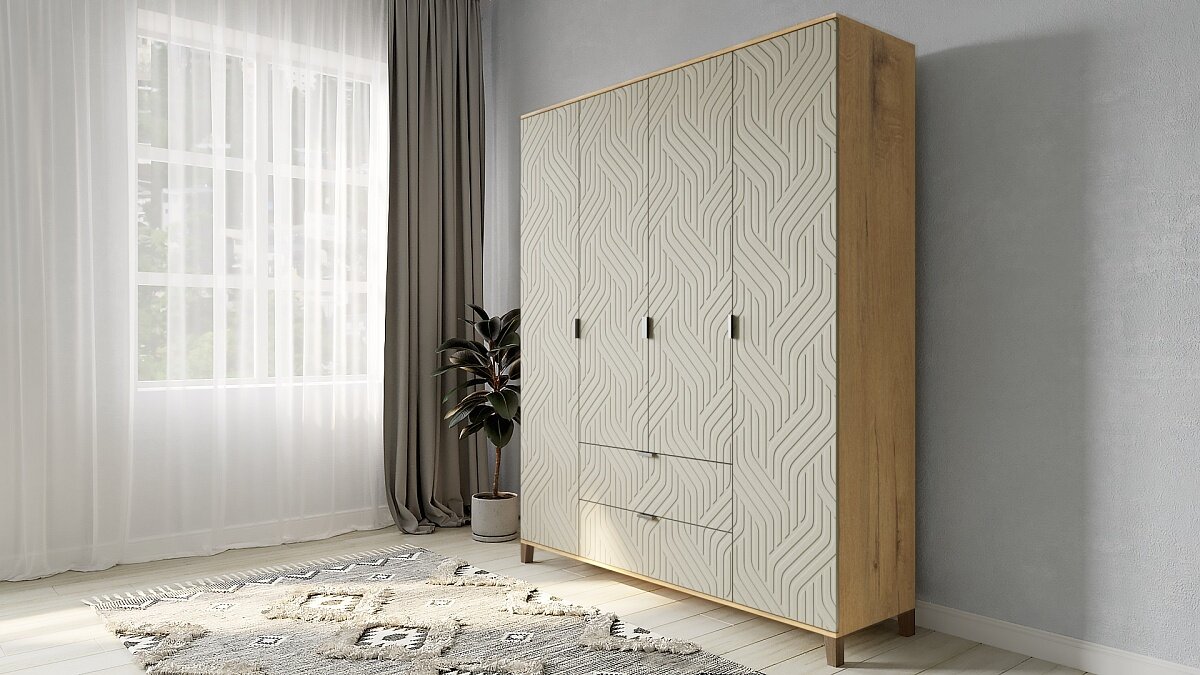 Шкаф распашной МебельЛэнд24 Марвин Йорк - 4 Сантьяго 200x40x210 серый для одежды четырехдверный с 4 ящиками