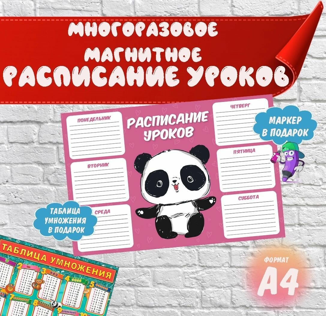 Расписание уроков магнитный с маркером для школьника, А4 "Панда"