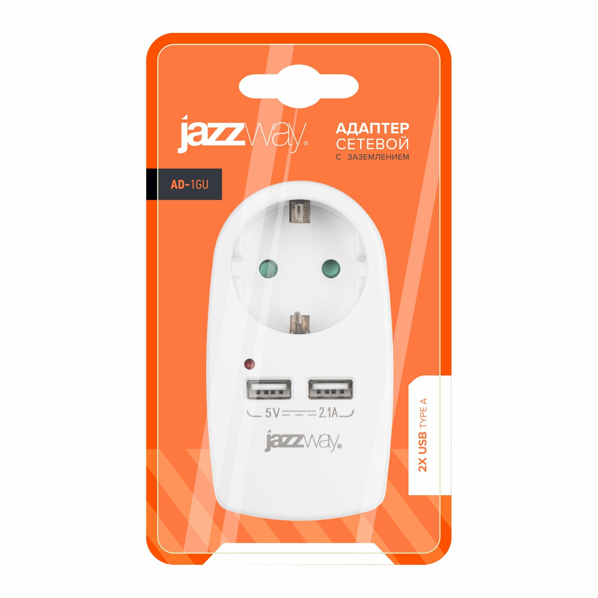 Разветвитель с USB JAZZway AD-1GU, адаптер электрический JAZZway с двумя USB портами