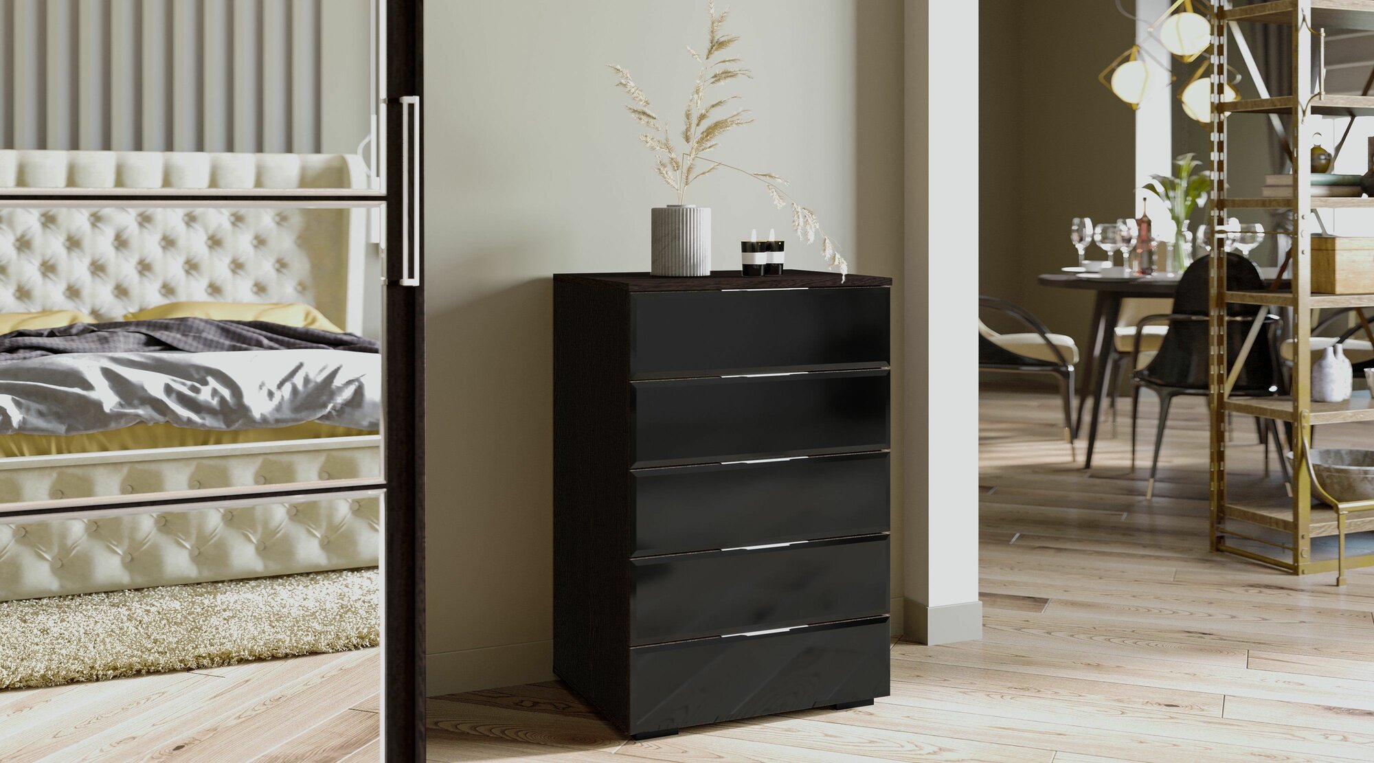 Комод Алекса для одежды и вещей, ЛДСП Венге/Лакобель чёрного цвета, БТС