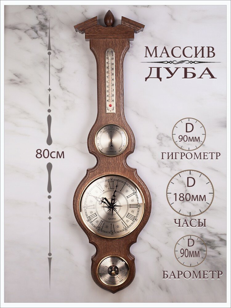 Метеостанция настенная 4 в 1 (часы, барометр, гигрометр, термометр) "Фердинанд Врангель" цвет орех (массив дуба)