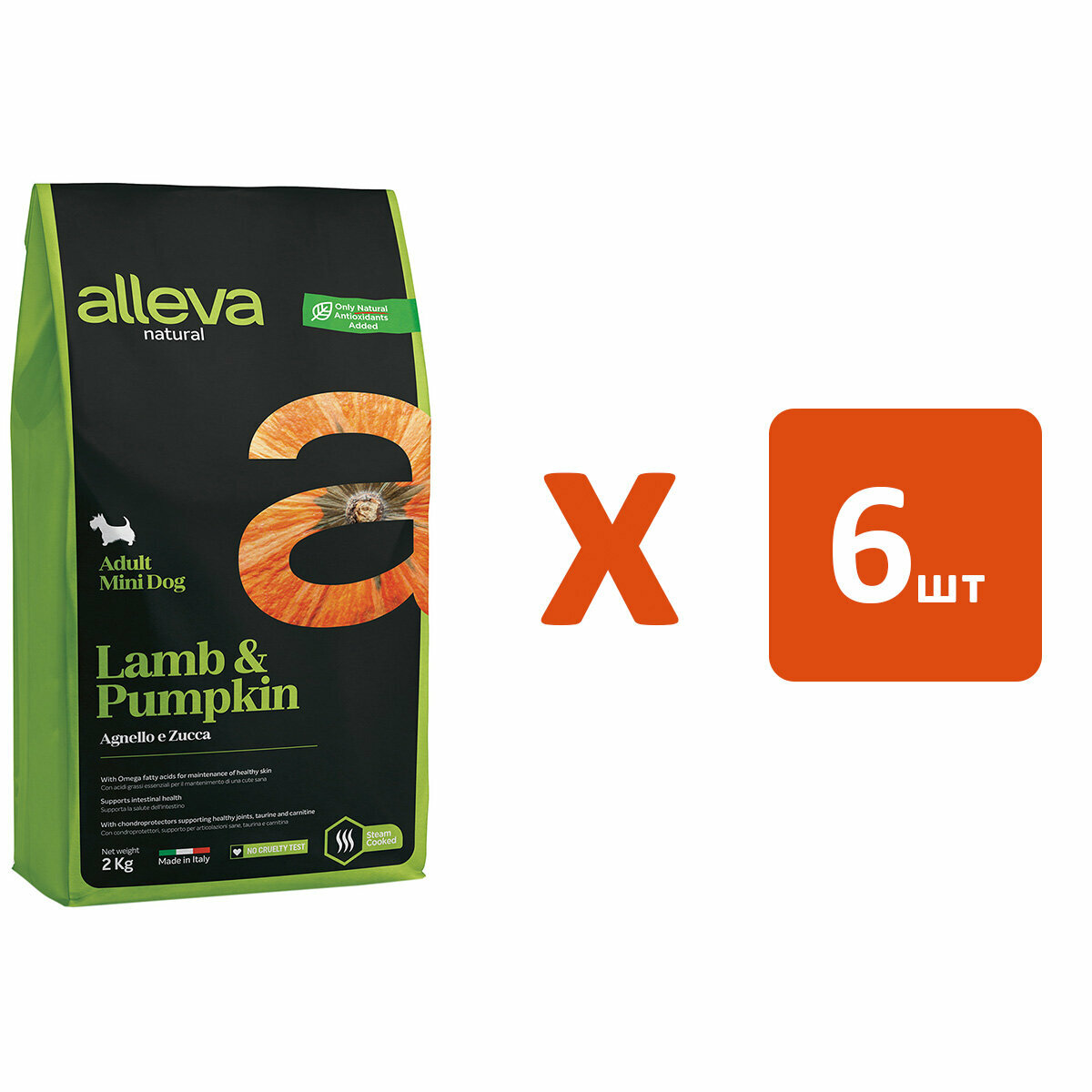 ALLEVA NATURAL ADULT DOG MINI LAMB & PUMPKIN низкозерновой для взрослых собак маленьких пород с ягненком и тыквой (2 кг х 6 шт)