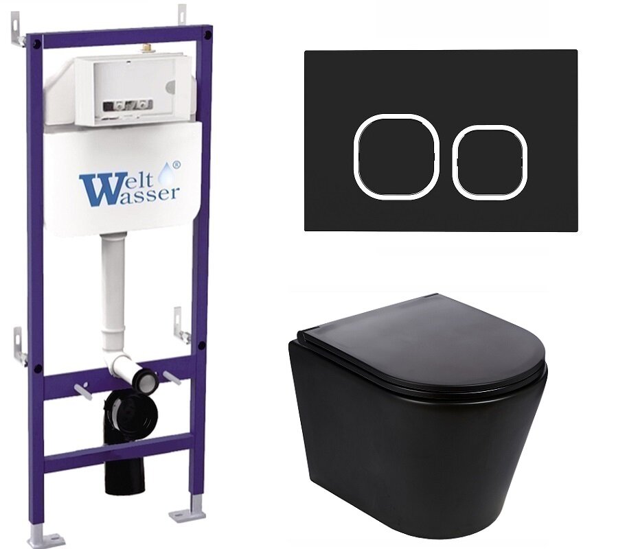Унитаз подвесной WeltWasser BAMBERG 460+SALZBACH 043 MT-BL+BAMBERG BL черный матовый, безободковый, с крышкой микролифт, слив торнадо, с инсталляцией и черной кнопкой