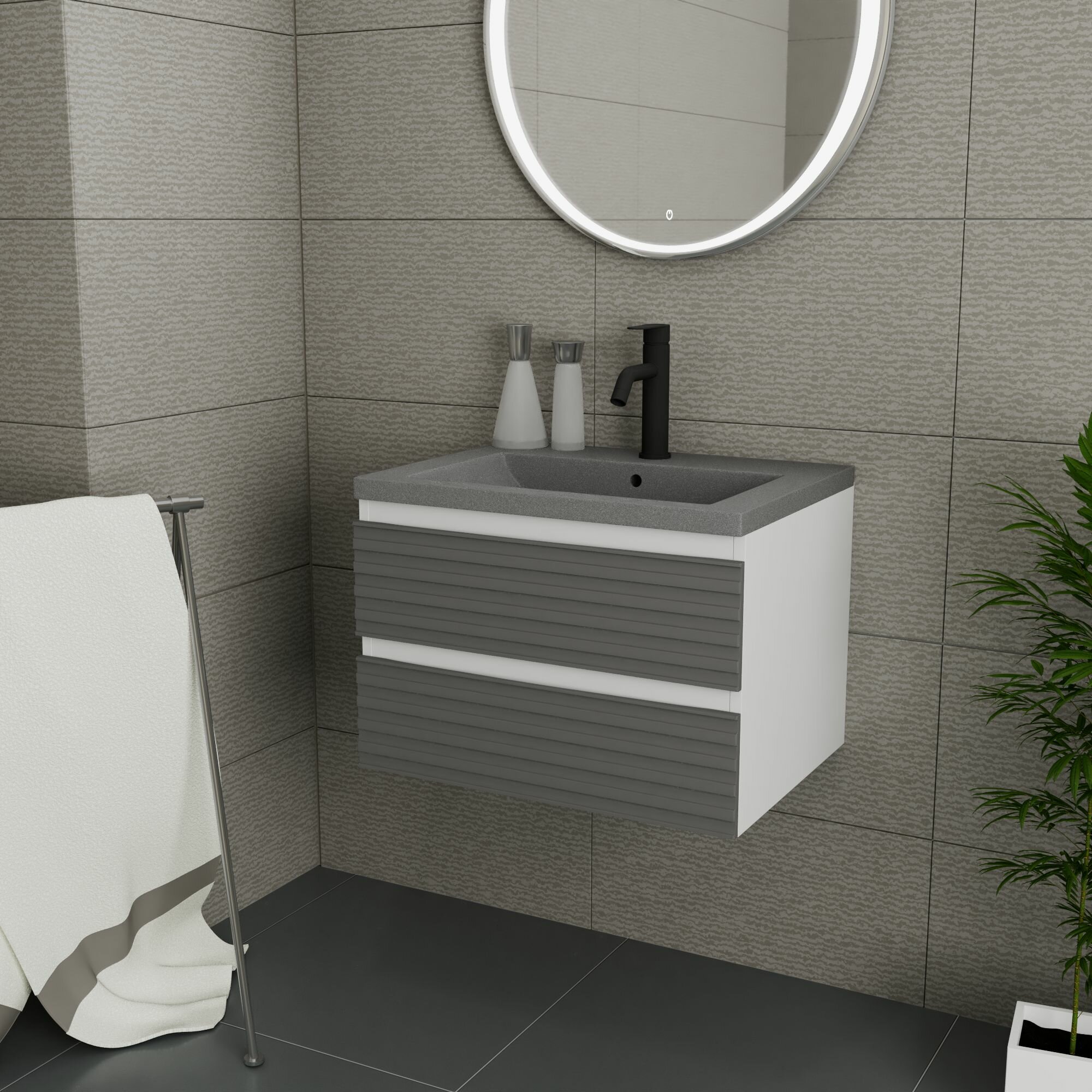 Тумба под раковину Bau Stil Loft grey brushed, раковина кварцевая BAU Stil 58, серый металлик, смеситель Dream Black, черный