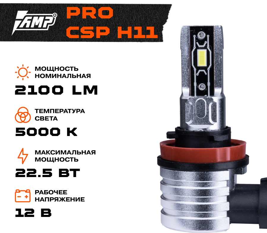 Светодиод головного света AMP PRO CSP H11