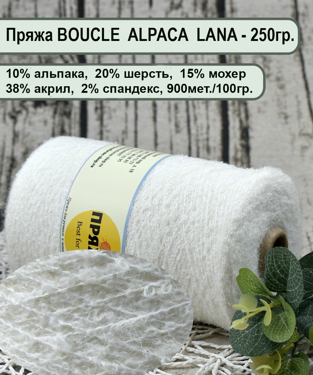 Пряжа BOUCLE ALPACA LANA 10 альпака, 20 шерсть, 15 мохер, 15 нейлон, 38 акрил, 2 спандекс 100гр./900м цв.07 белый (250гр.)