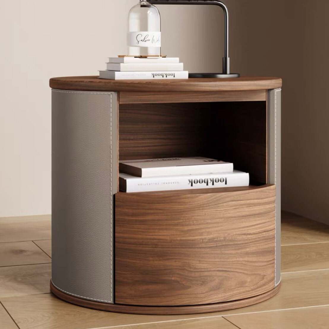 Круглая прикроватная тумбочка в коже Renzo (светло-серый)