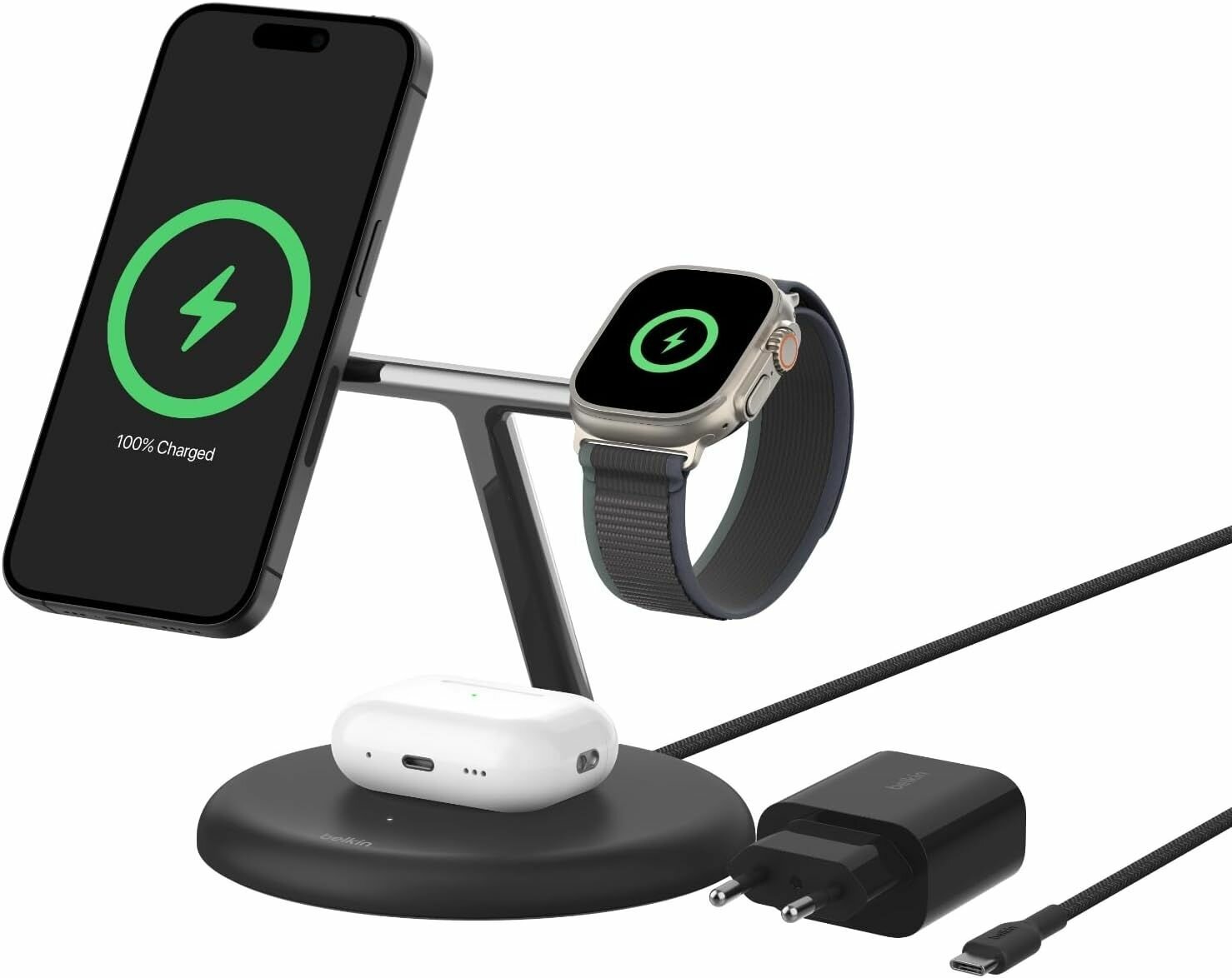 Док-станция BELKIN BOOST CHARGE PRO, беспроводное зарядное устройство с поддержкой Qi2 15 Вт для iPhone, Apple Watch и AirPods с MagSafe, 3 в 1 черный