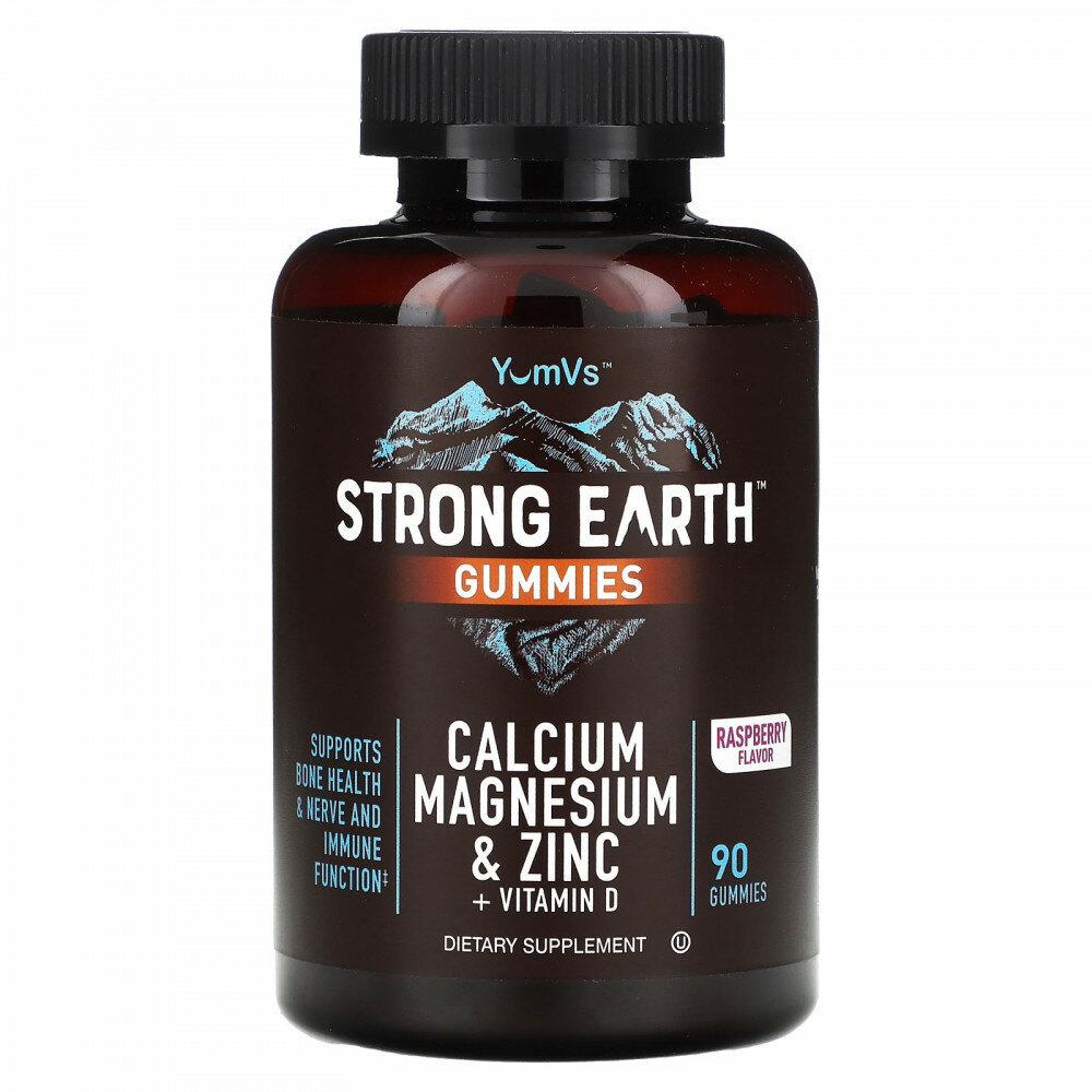 YumVs, Жевательные мармеладки Strong Earth, кальций, магний и цинк + витамин D, малина, 90 жевательных таблеток