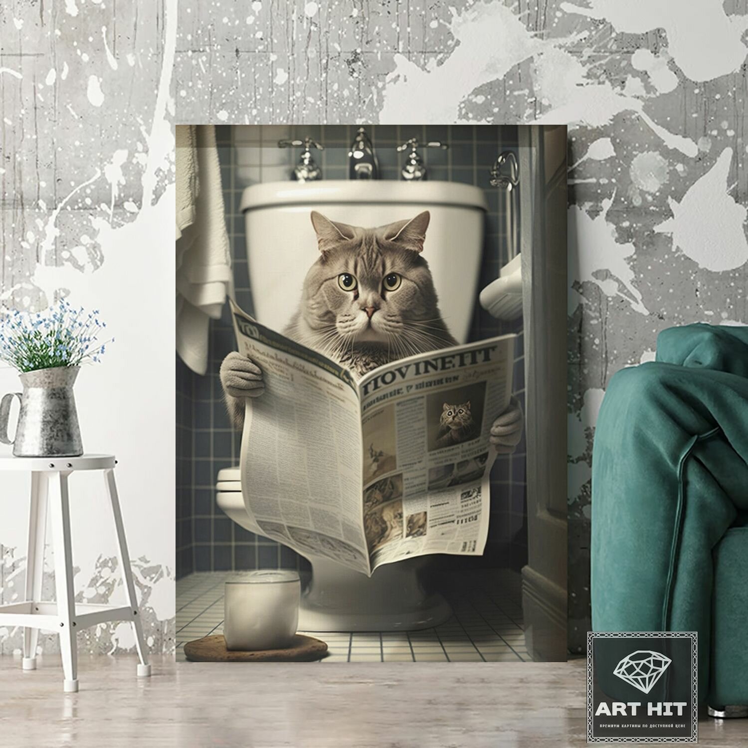 Картина в туалет, ванную комнату Кот читает газету"