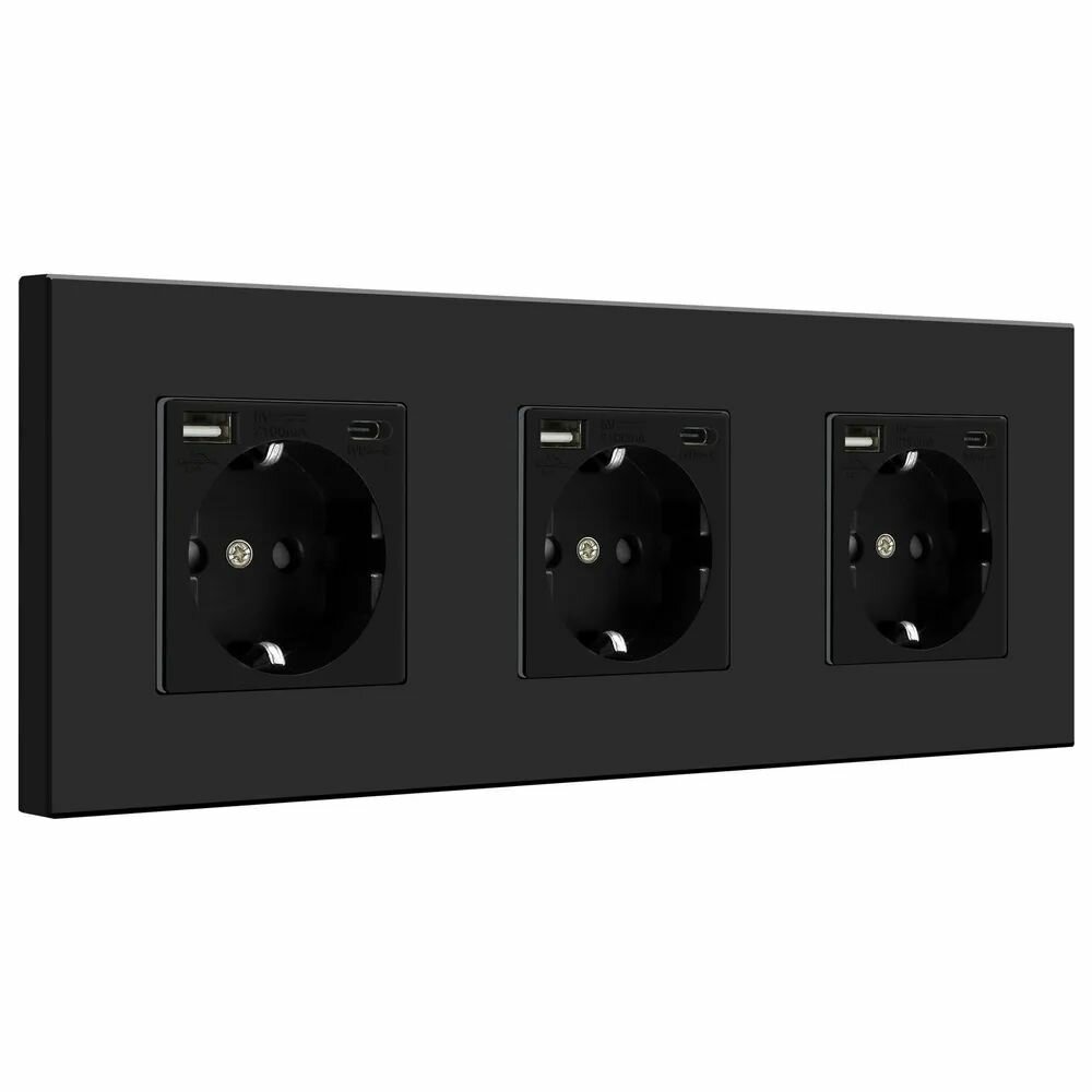 Розетка электрическая 3 поста, с Usb/Type-C АC, рамка 228х86мм пластик, цвет черный