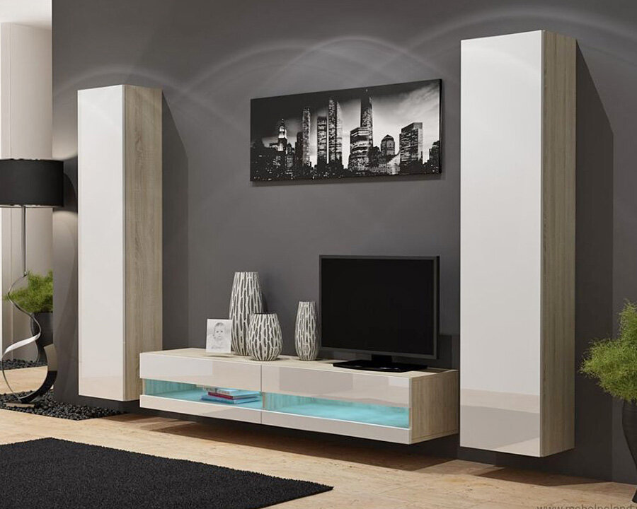 Гостиная Виго нью 4 МДФ Белый DM635-6 / Дуб Сонома 3025 NEW 260x42x180 см, белый, дуб сонома Фиеста