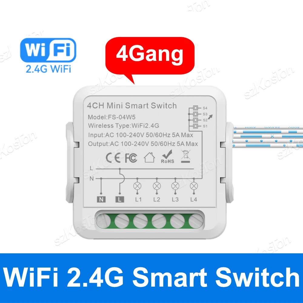 SZKOSTON Умный коммутационный модуль Tuya Zigbee 4 каналов