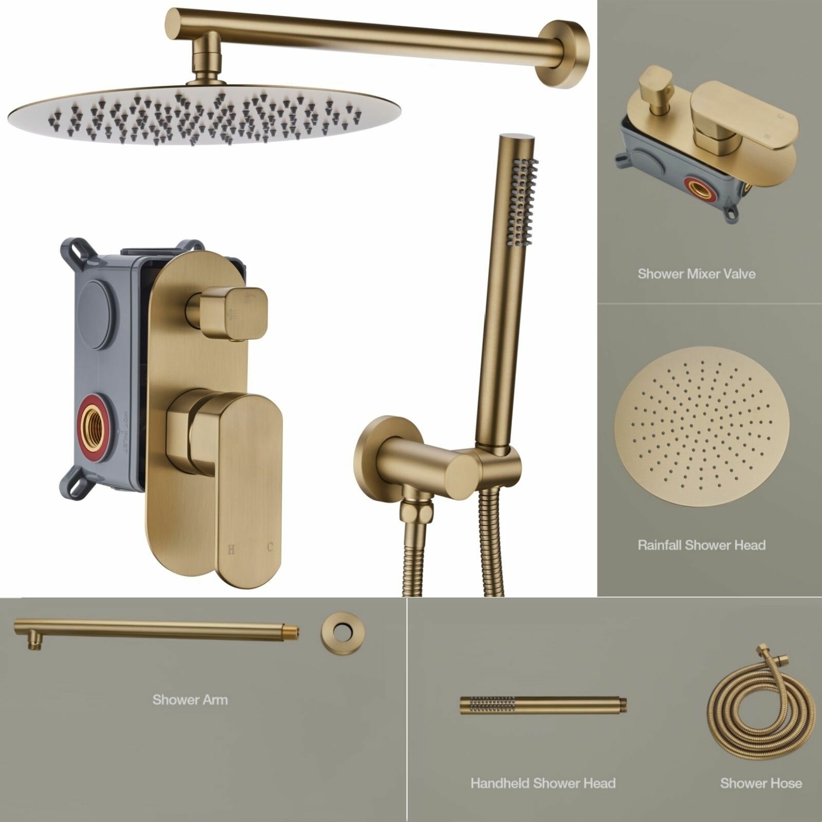 Встраиваемый душевой комплект, Круглая 10 дюймовая двухсторонним шунтовым клапаном, Матовое золото