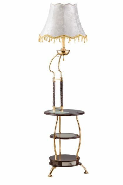 Торшер напольный со столиком, Cветильник напольный золото на 1 лампу E27, текстильный абажур
