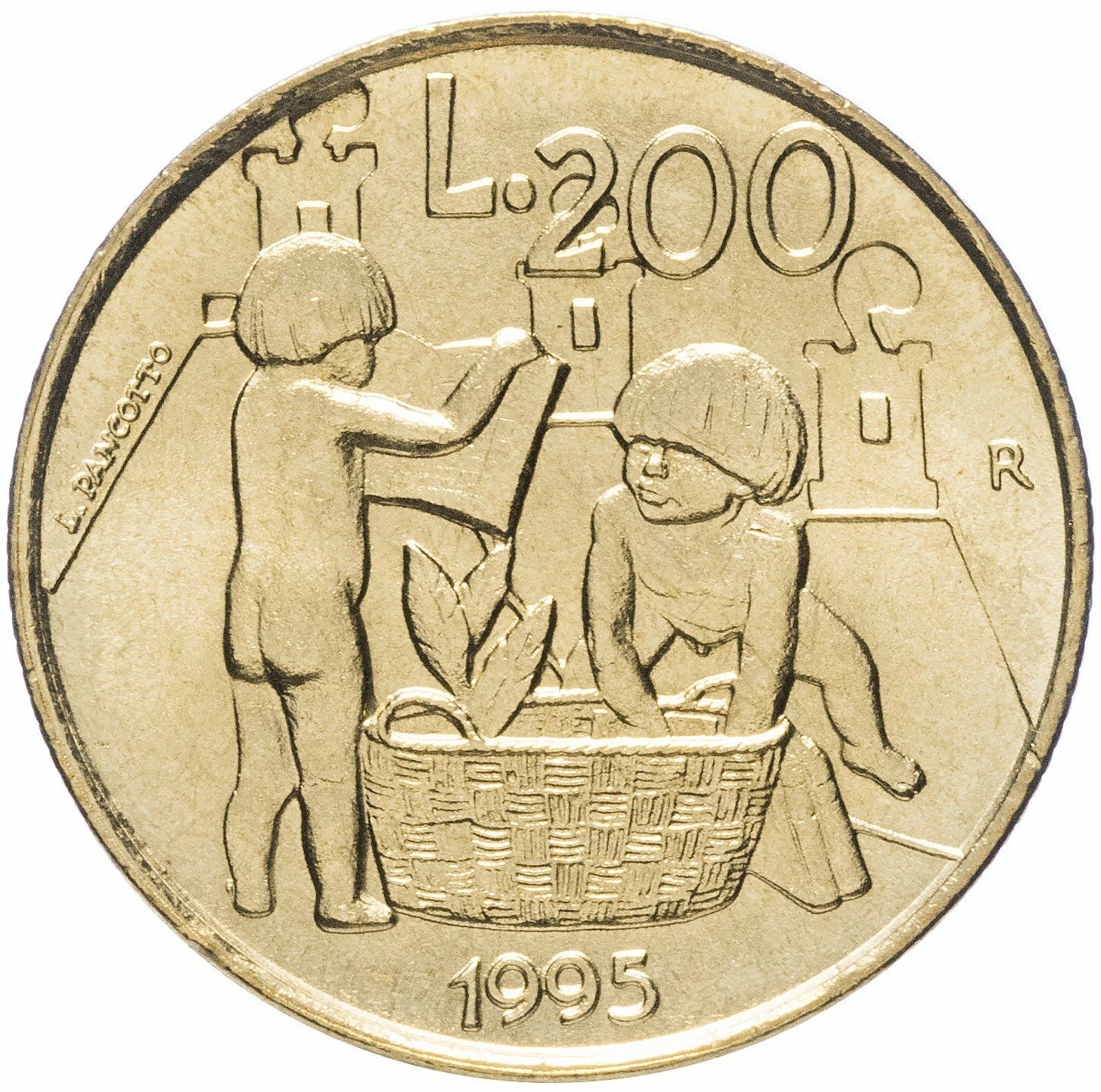 Сан-Марино 200 лир 1995 "Дети", Бронза, в сохранности UNC