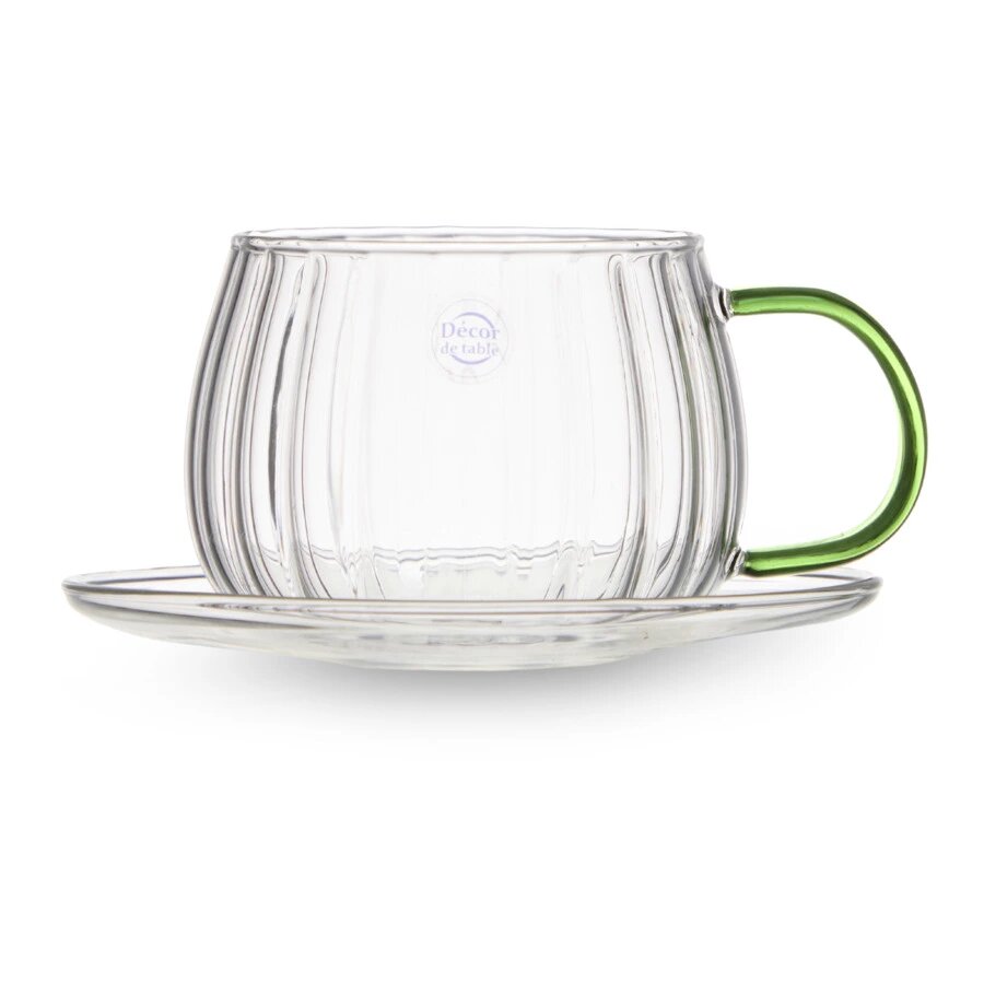 Набор чашек чайных с блюдцем с двойными стенками Decor de table Cafe de Paris 350 мл, 2шт, зел ручка