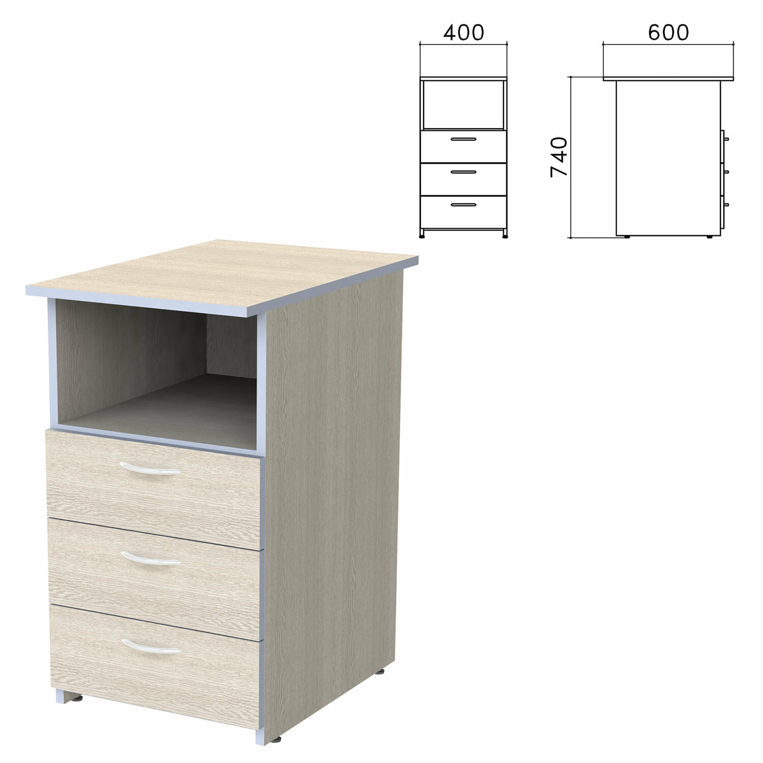 Тумба приставная бюджет 400х600х740 мм, 3 ящика, полка, дуб шамони светлый (402657-430)