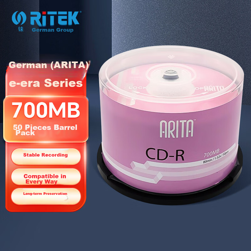 ARITA E-Age Series CD-R 52x Speed 700MB Blank Discs/CDs/Recordable Discs, 50 Pieces in A Barrel