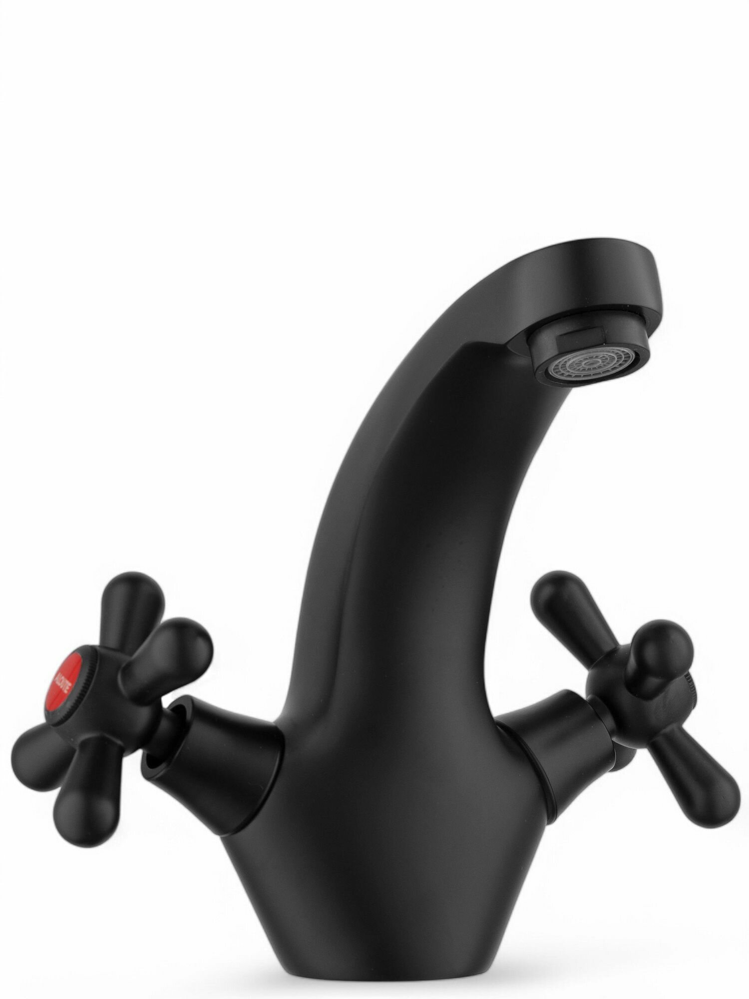 Смеситель для раковины с монолитным изливом и вентильными ручками, черный матовый