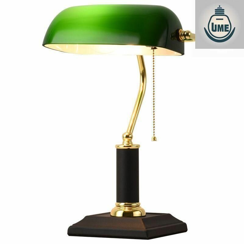 Зеленая лампа настольная ретро банкира, винтажная, стеклянный абажур классический, для чтения, для кабинета, светильник настольный, прикроватный,