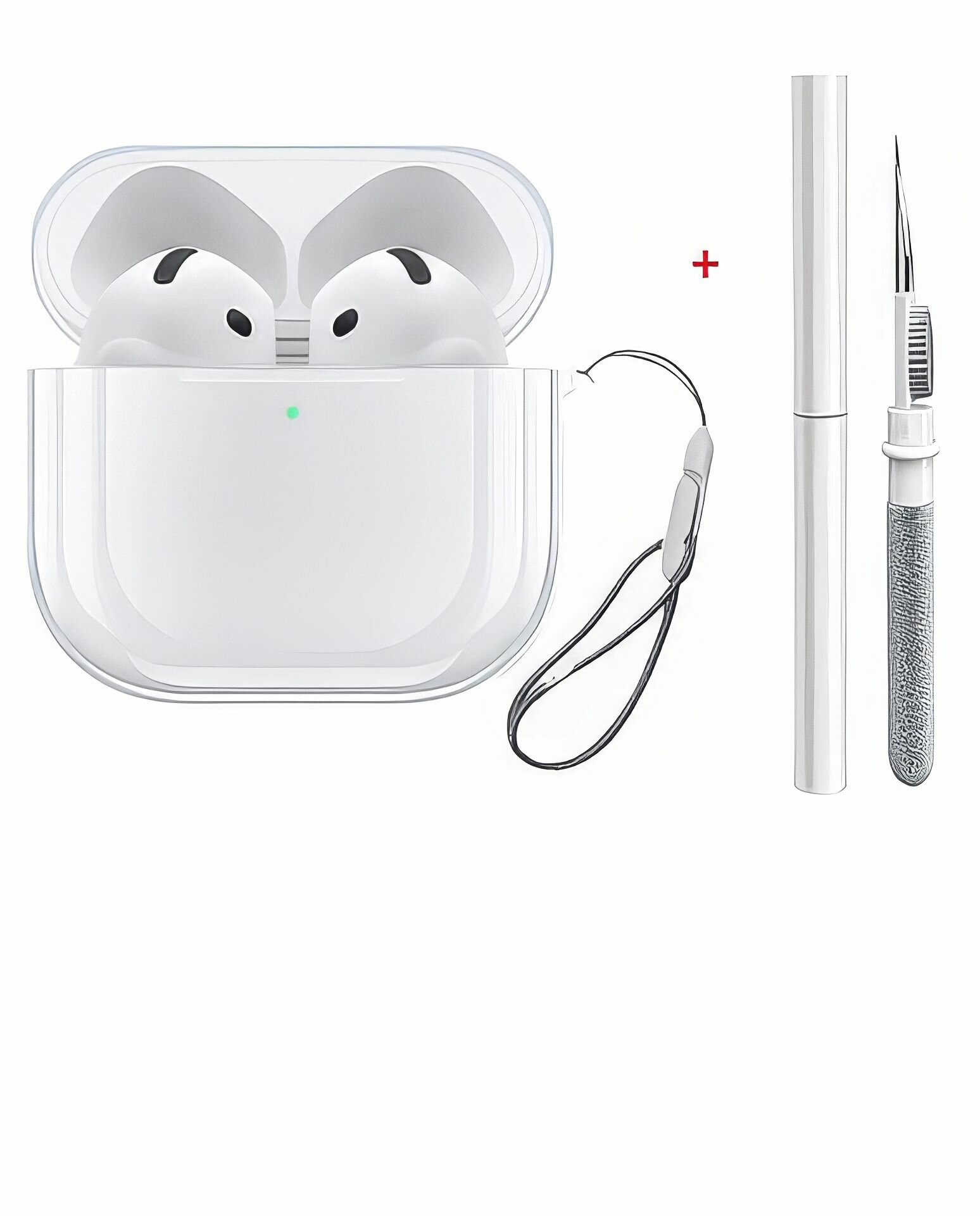 Чехол для наушников AirPods 4 (2024) силиконовый со шнурком + белая щетка, прозрачный