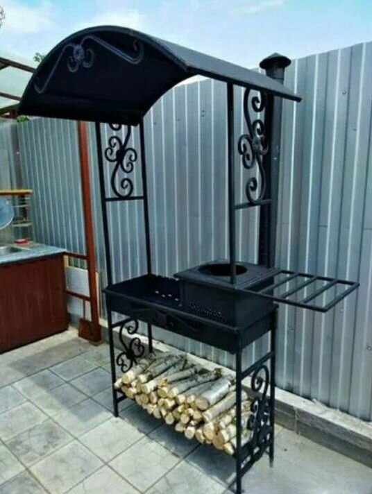 Мангал с крышей и дымоходом. Усиленное барбекю 3мм горячекатанная сталь. С печкой и местом под казан