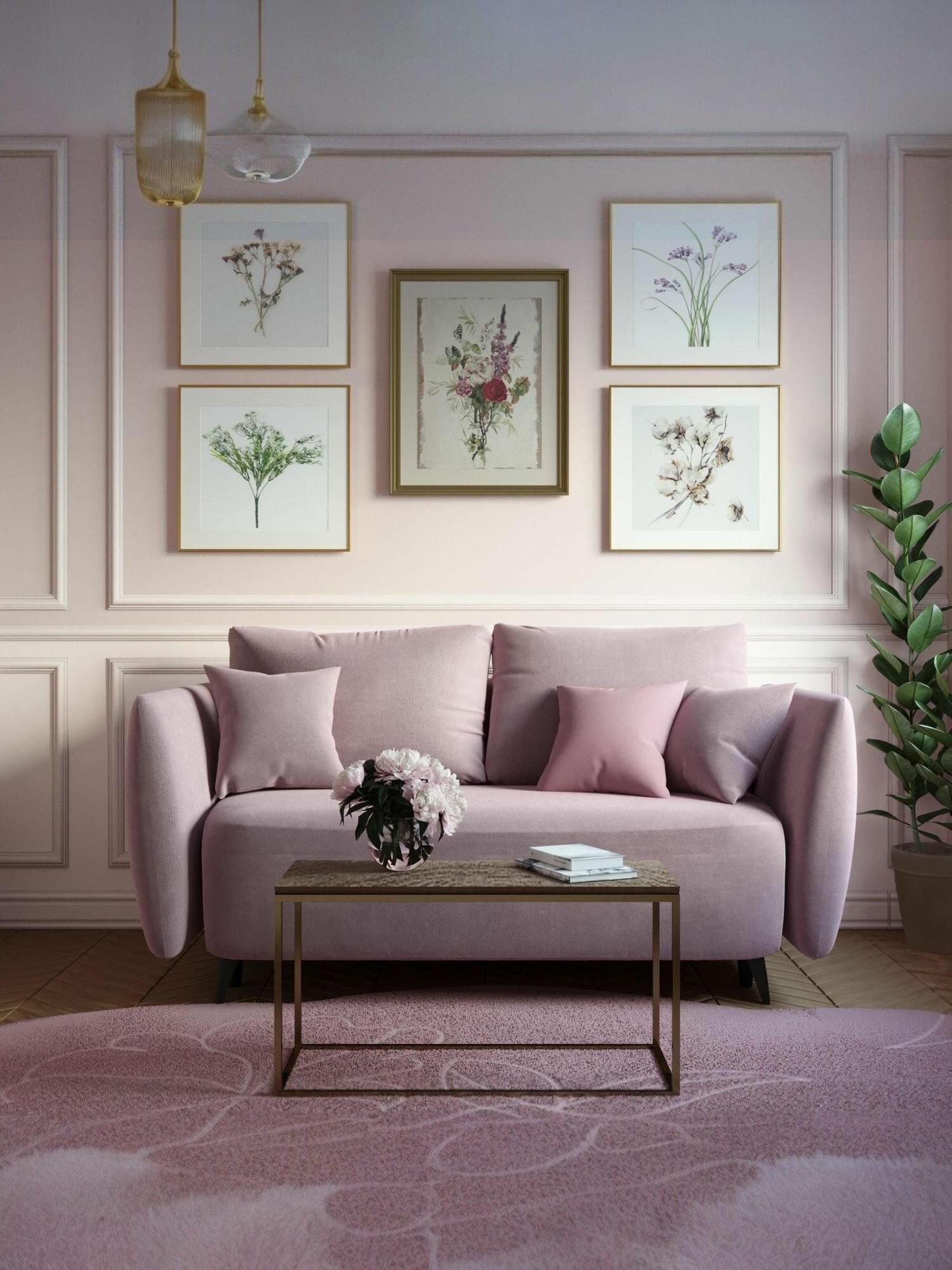 Прямой диван Manons Maison Galaxy, раскладной механизм Еврокнижка, Велюр Розовый, 171х89х89 см