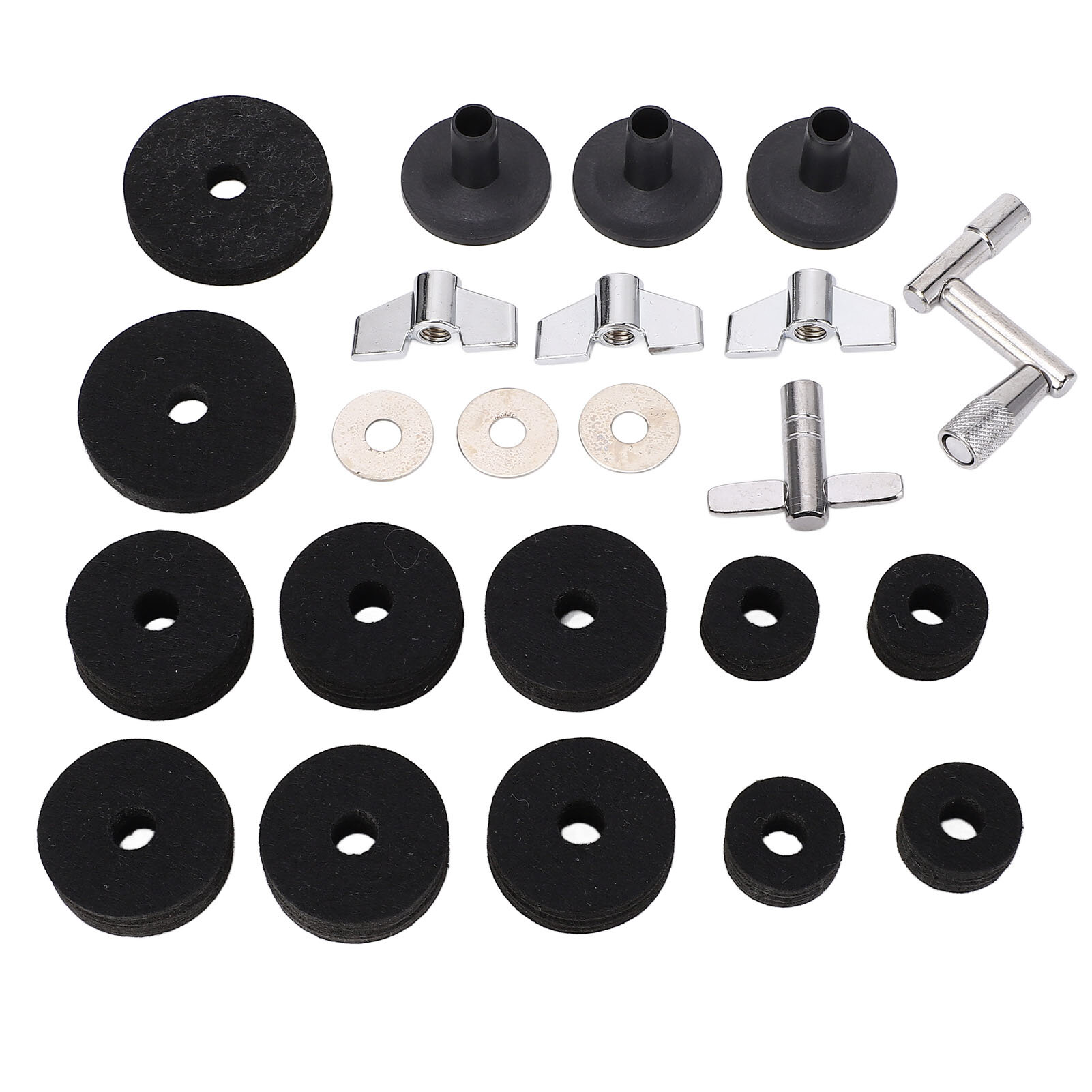 23 предмета: сменные аксессуары для тарелок, нескользящие войлочные подушечки 2,5 см, 4 см, 5 см, втулки для барабанов, гайки, шайбы, комплект для основания, черный цвет.