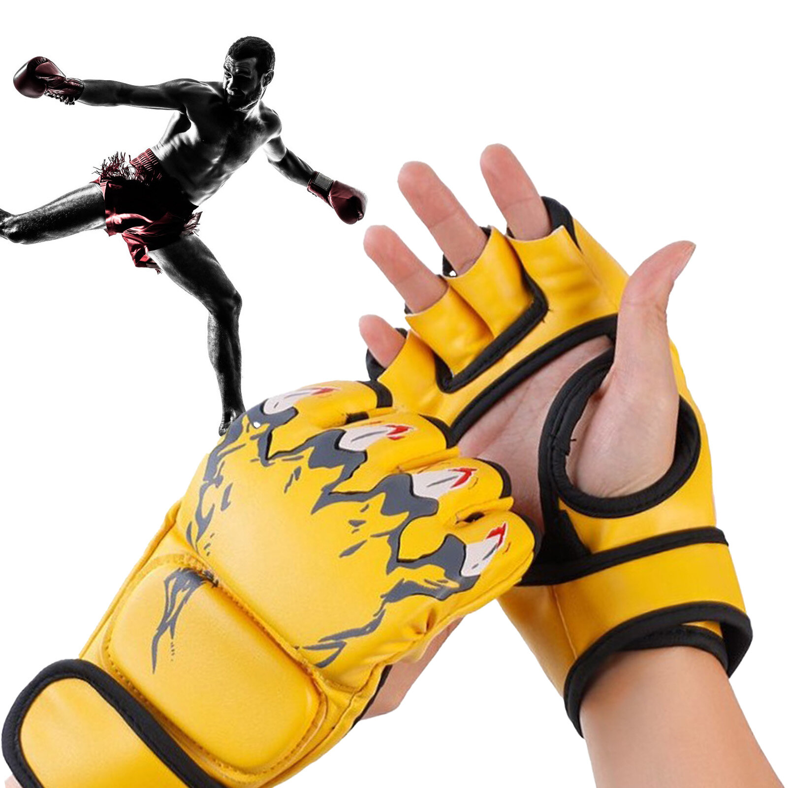 Боксерские перчатки с половиной пальца, боксерская груша с открытыми ладонями, боевые перчатки для кикбоксинга, спарринга для мужчин и женщин, боксерские тренировочные желтые