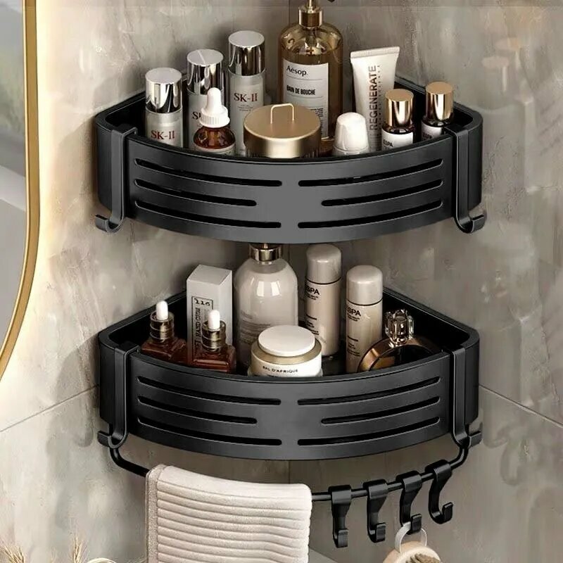 AIMOSI Самоклеющаяся Полка для ванной комнаты Угловая 2 ярусная, Легкая роскошь, Алюминиевые черное металлик 2 шт.