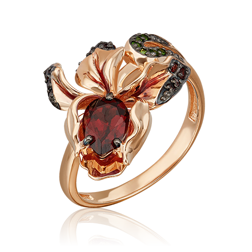 Кольцо, красное золото, 585 проба, хромдиопсид, гранат