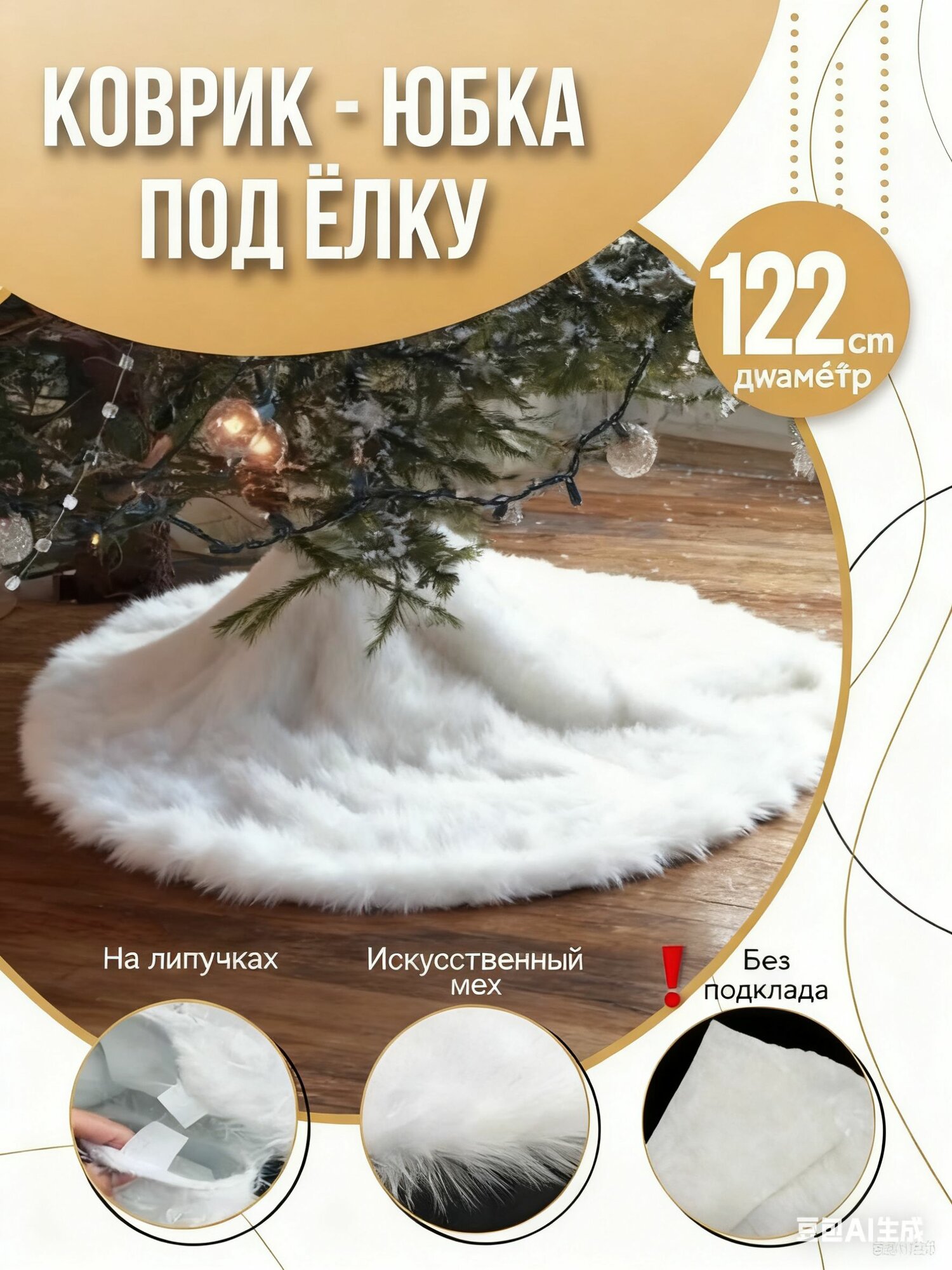 Новогодняя юбка-коврик под ёлку, украшение, диаметр 122 см