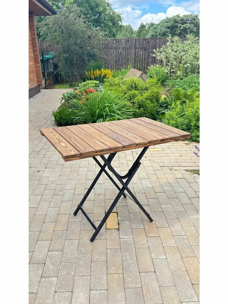 Стол садовый для дома, дачи, бани, лоджии складной деревянный на металлическом каркасе на двух ножках