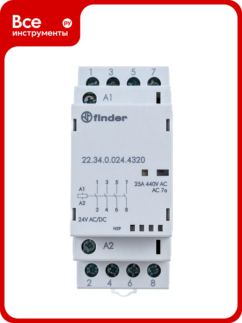 Модульный контактор Finder 4 NO, Механический индикатор + Светодиод Контакты AgSnO2, 223400244320, 3 мм