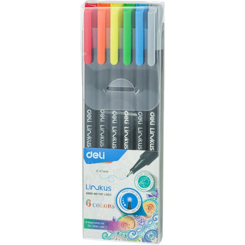 Набор линеров Deli толщина линии 0,45 мм, 6 цветов, с европодвесом