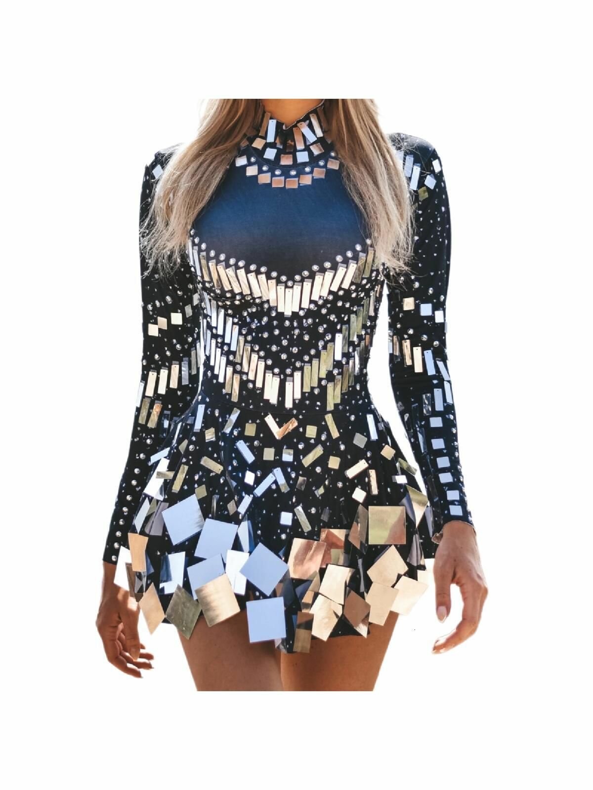 Блестящее платье с пайетками, Черный - S