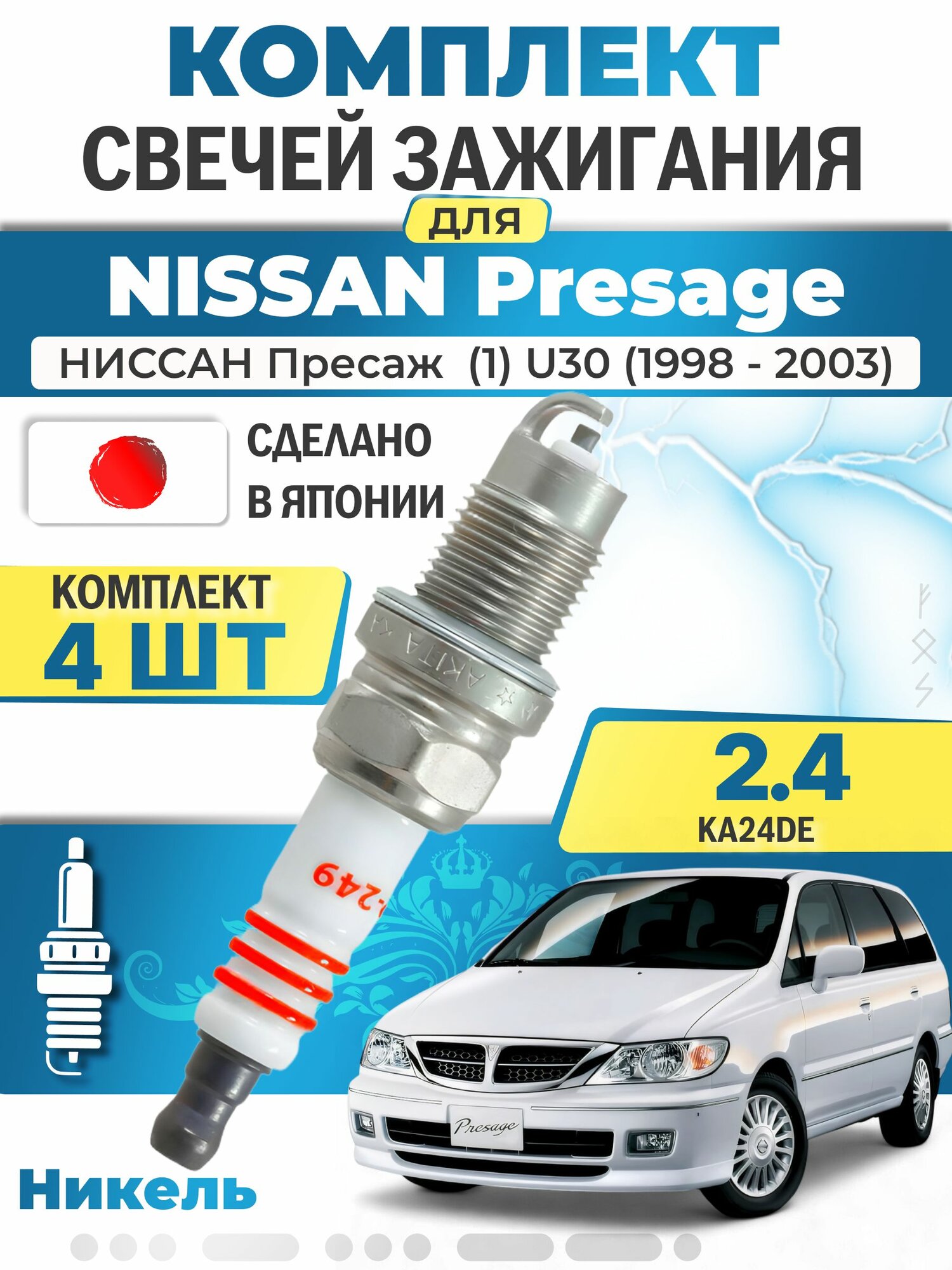 Свечи зажигания для Nissan Presage (1) U30 2.4, комплект 4 шт / 1998 1999 2000 2001 2002 2003 / Двигатель KA24DE 2,4 л