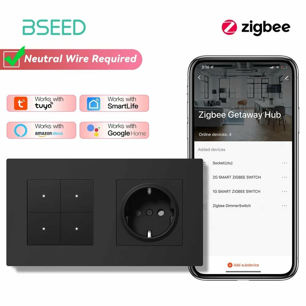 Умный выключатель с розеткой c Алисой Zigbee, Легко нажать, Пластиковая рамка, Серия E - CLICK