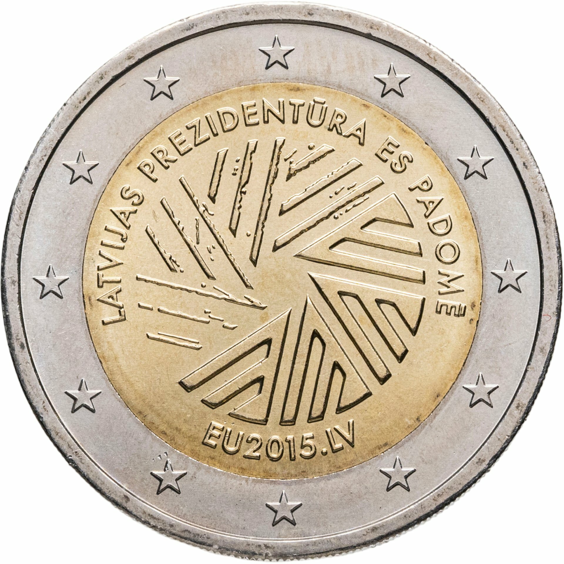 Латвия 2 евро 2015 "Президентство Латвии в Совете ЕС", Биметалл, в сохранности UNC