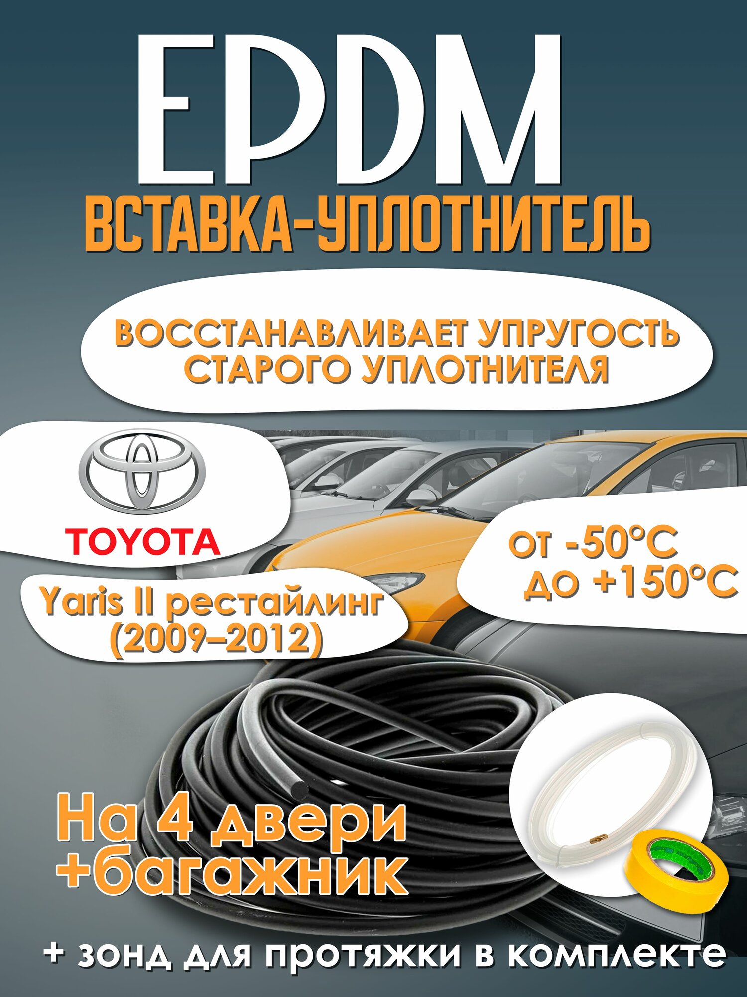 EPDM вставка-уплотнитель для дверей автомобиля Toyota Yaris II рестайлинг (2009-2012) / Тойота Ярис 2 поколение рестайлинг