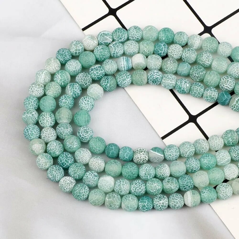 Агат морозный с трещинками 8 мм, бусины на нитке (около 48 шт) , зеленый