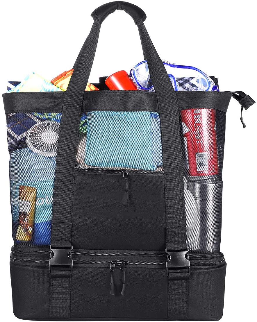 Mesh Beach Cooler Tote Bag черный 17 X 15 X 6 дюйм с отachable Zippered Insulated Cooler Bag 35L Capacity Oversized Pockets Grocery Picnic Travel Pool Beach Bag Pouch для женщин и мужчин