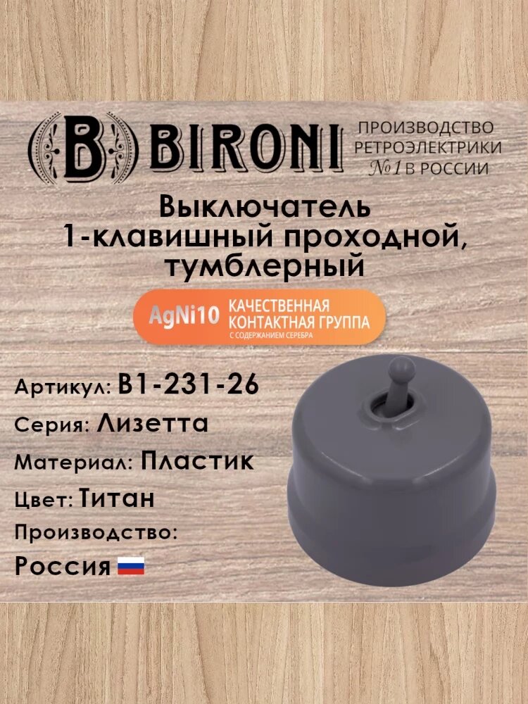 Выключатель проходной 1-клавишный BIRONI Лизетта, пластик, цвет Титан, тумблерный