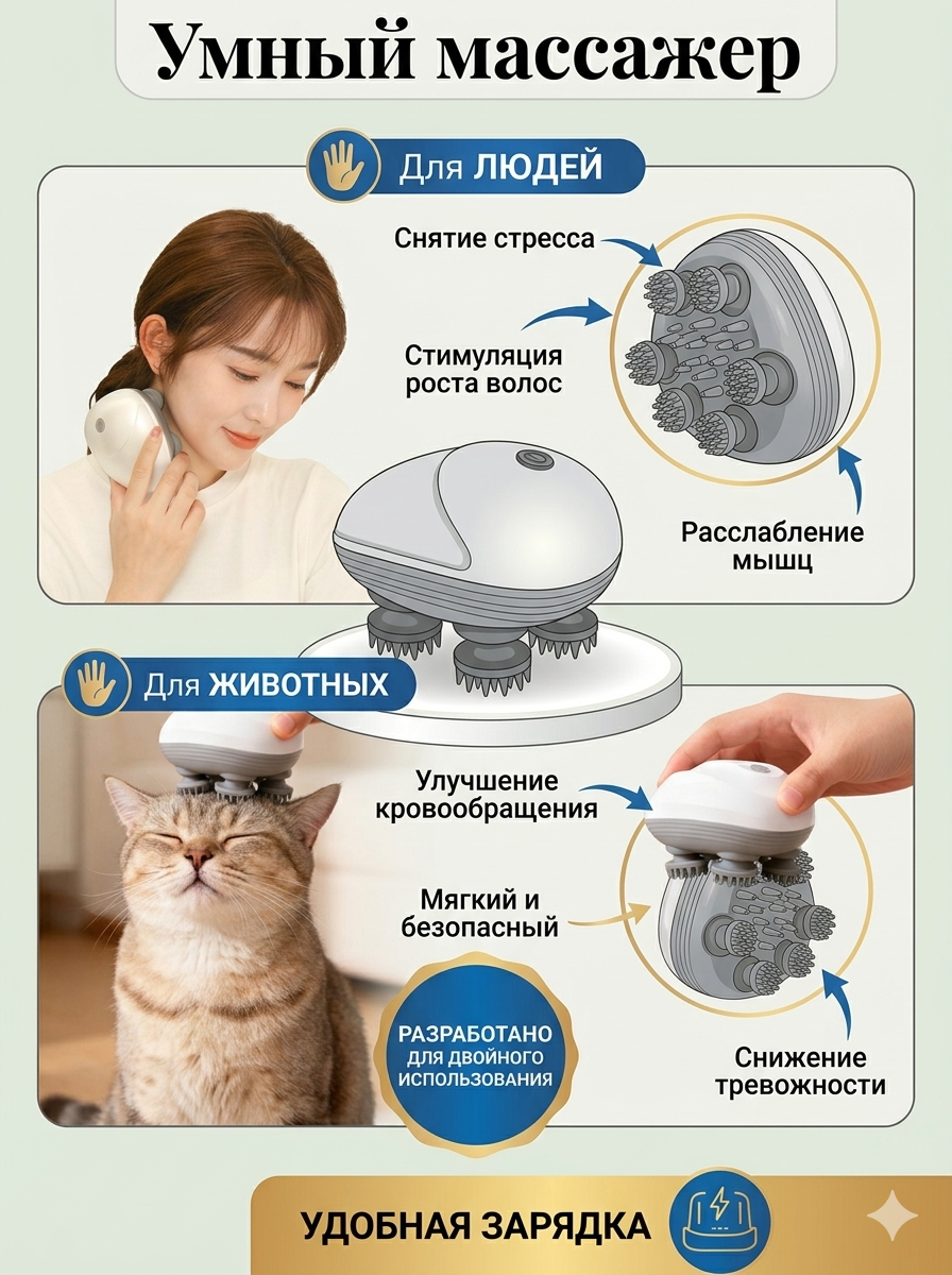 Умный массажер, для головы, тела и шеи, 3 режима, беспроводной (Универсальный)