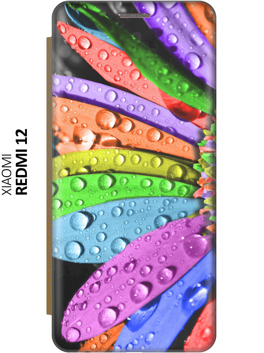Чехол-книжка на Xiaomi Redmi 12, Сяоми Редми 12 c принтом "Разноцветные листья в каплях" золотистый