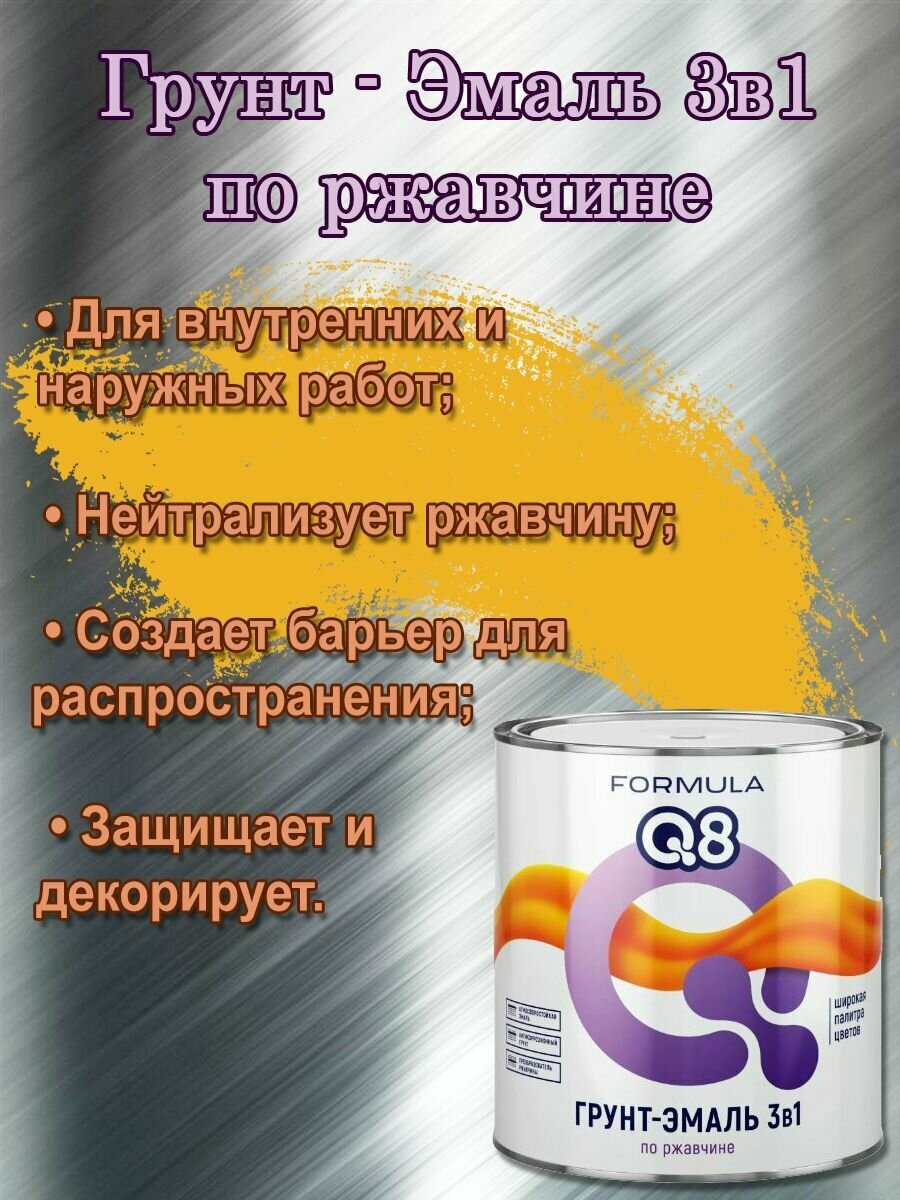 Грунт-эмаль по ржавчине 3в1 алкидный антикоррозионный декоративный FORMULA Q8 Желтый 0,8кг