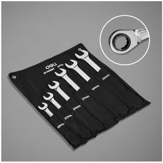 Набор комбинированных ключей с трещоткой Deli Tools 6 шт Deli DL140106T (размеры 19,22,24,27,30,32мм, сталь 40Cr, трещотка 50BV30 72 зуба, чехол из ткани Оксфорд